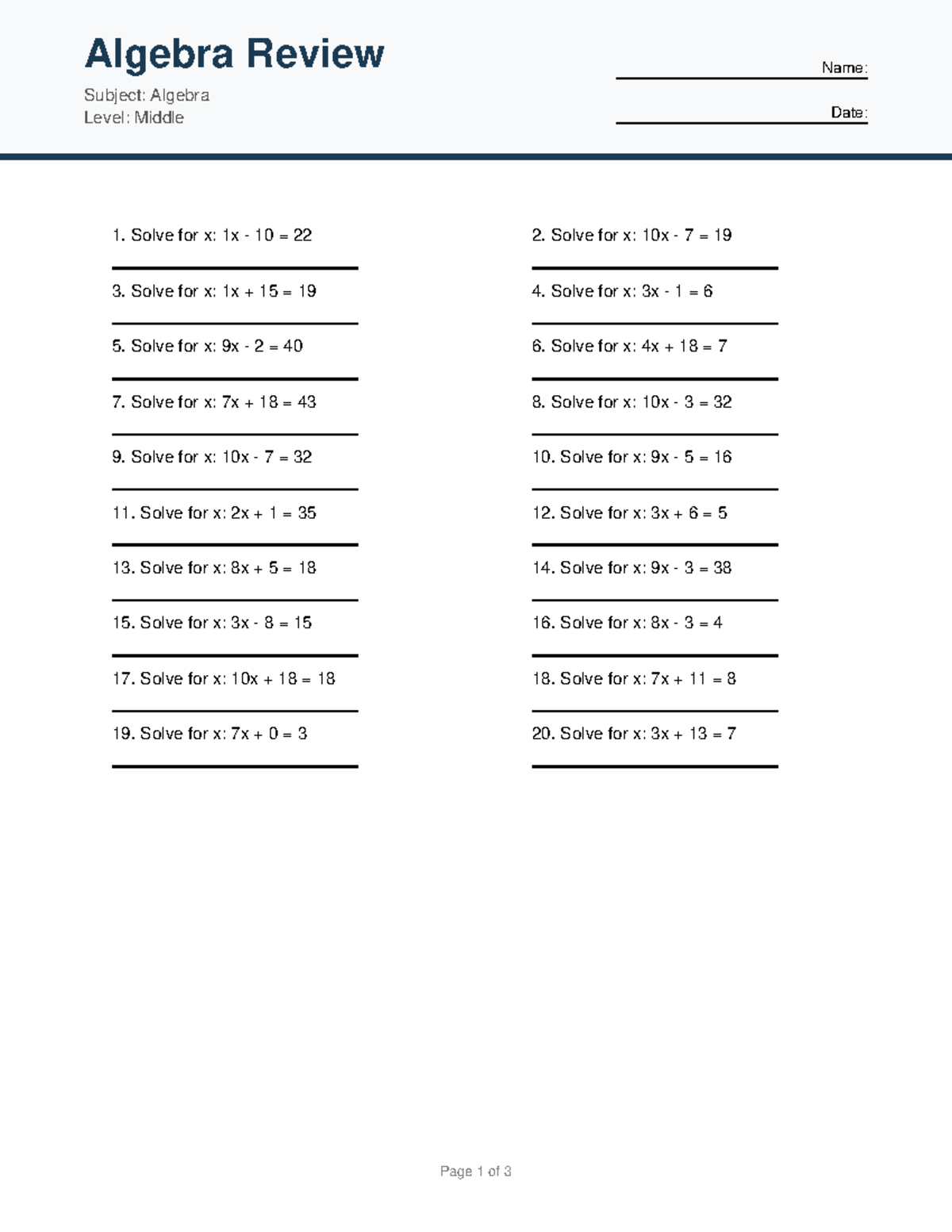 Algebra Review (Level: Middle) - Problem Set & Answer Key - Studocu