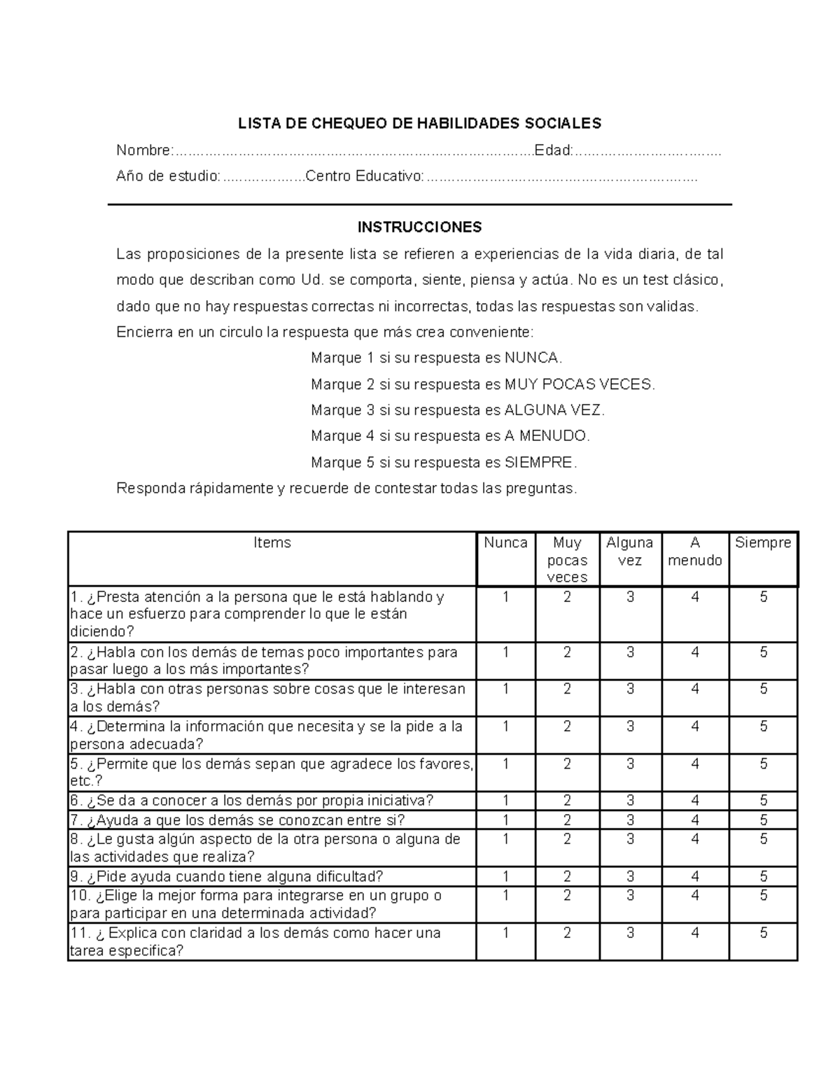 Goldstein HAB Sociales Cuadernillo - LISTA DE CHEQUEO DE HABILIDADES ...