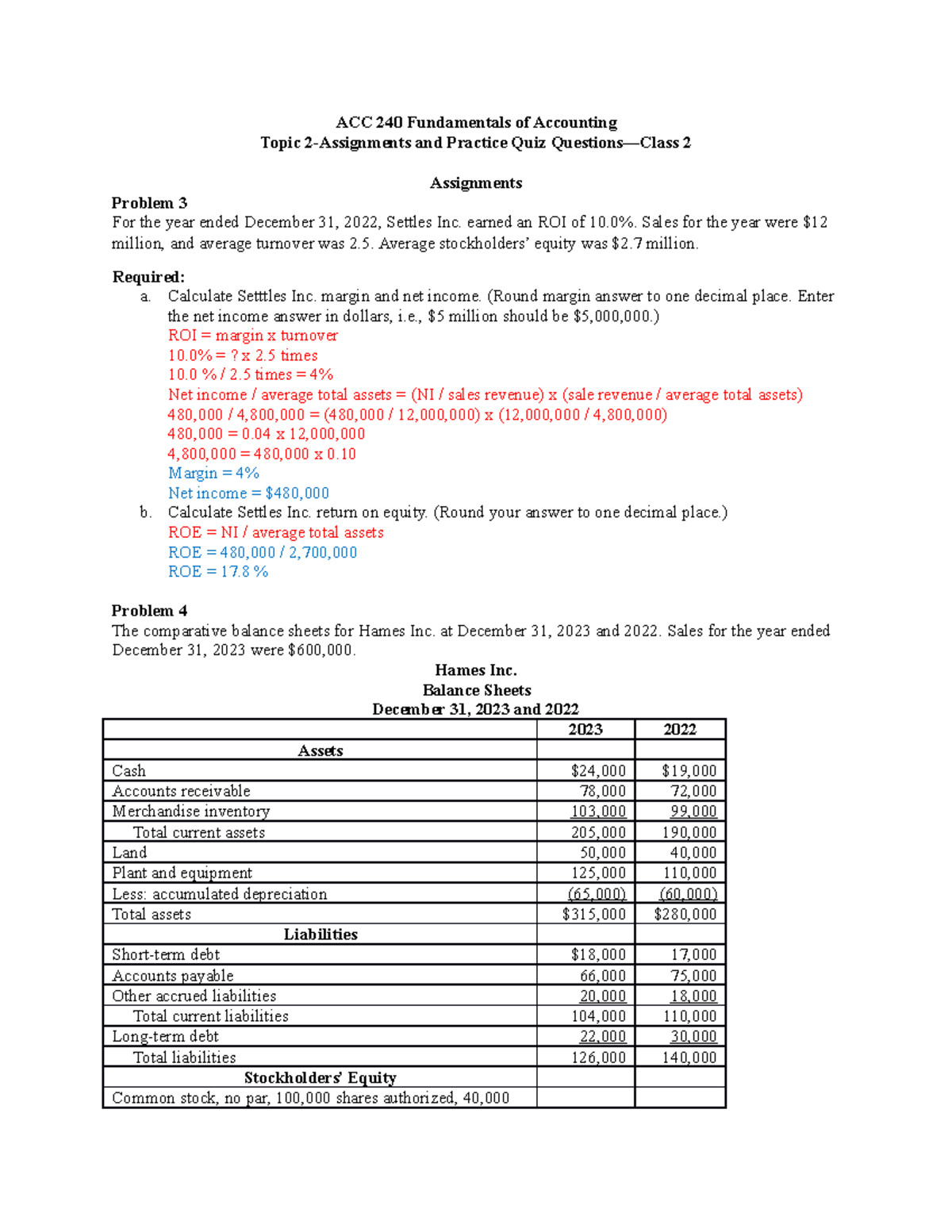 ACC-240 Topic 2 - Assignments & Practice Quiz Questions for Class 2 - Studocu