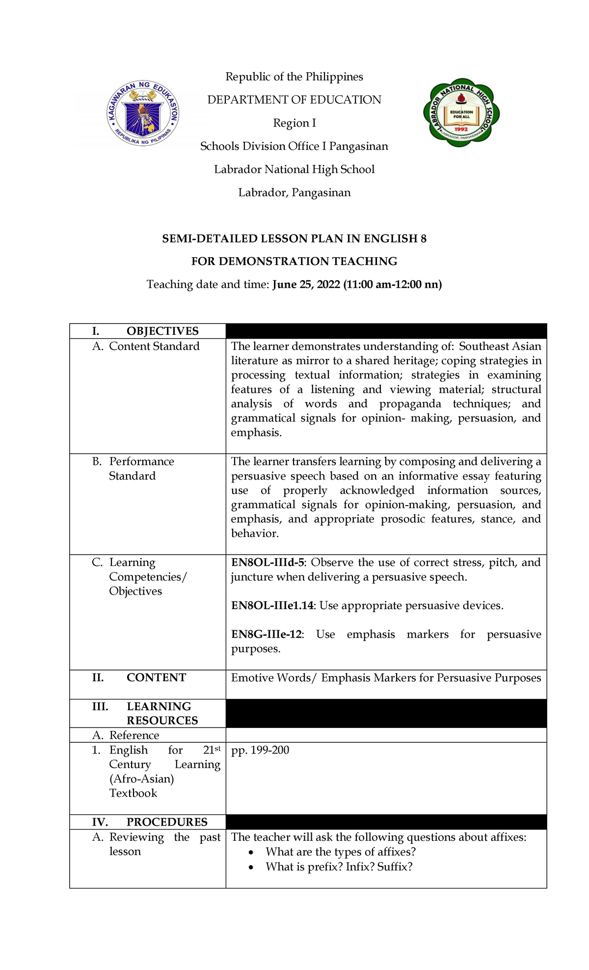 Semi-Detailed Lesson Plan - BSED English - PangSU - Studocu