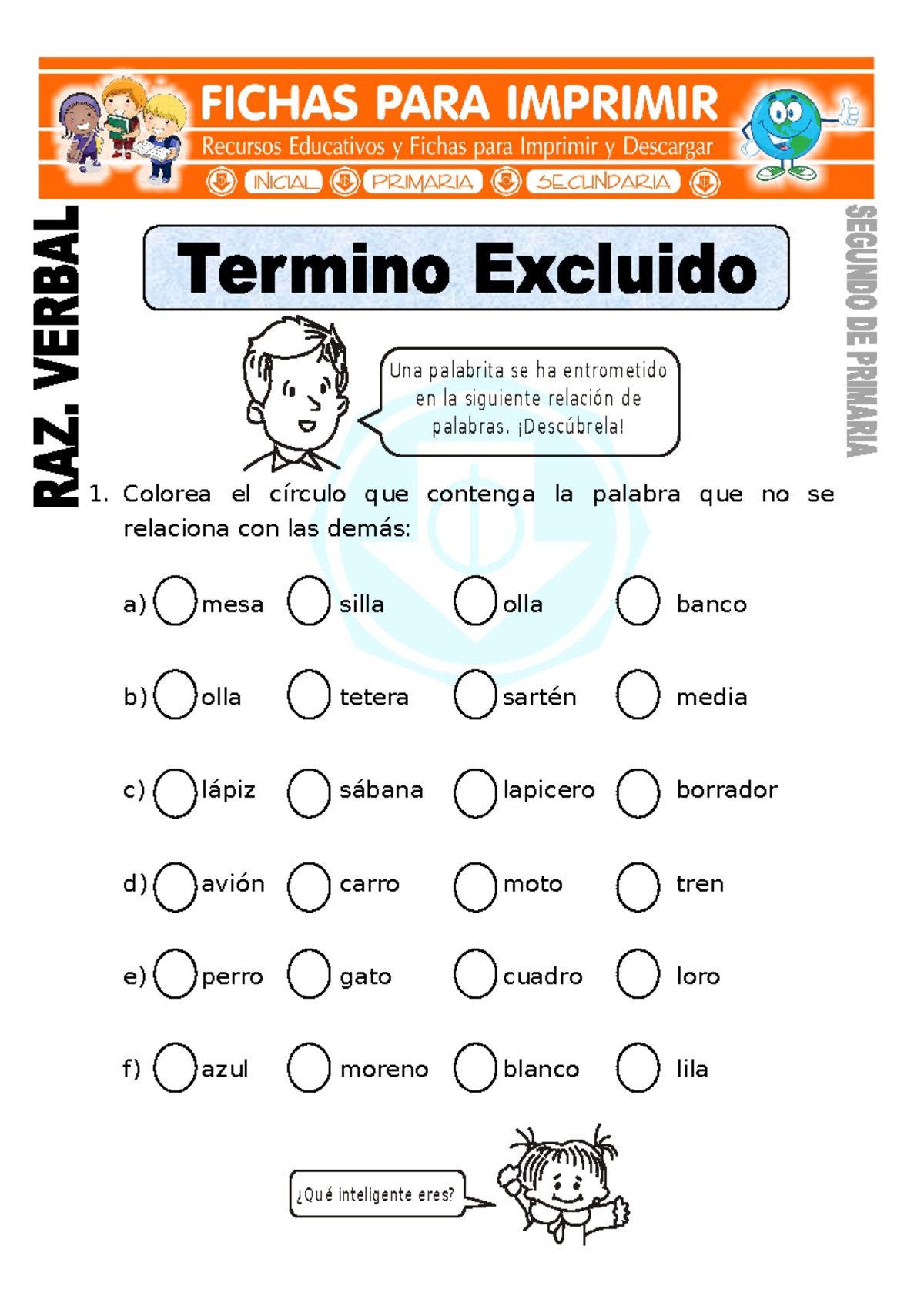 Ficha de Termino Excluido para Segundo de Primaria - Comunicacion I - U ...