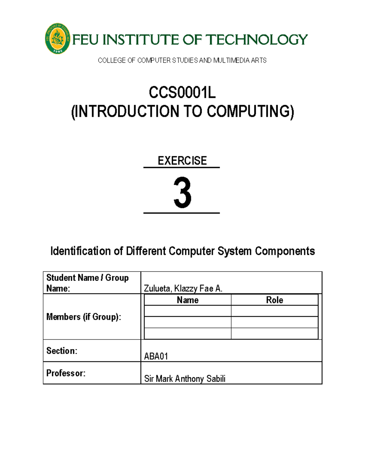 CCS0001L Intro to Computing Exercise 3: Identifying Computer System ...