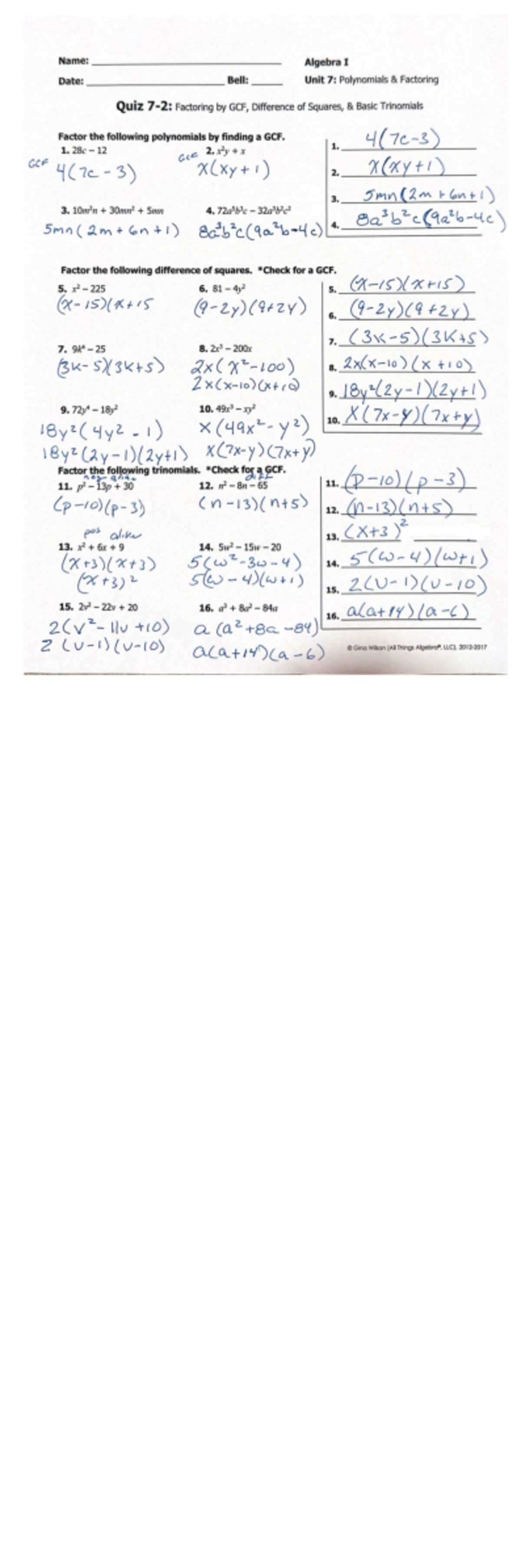 Algebra I Unit 7: Polynomials Factoring Quiz Review - Studocu