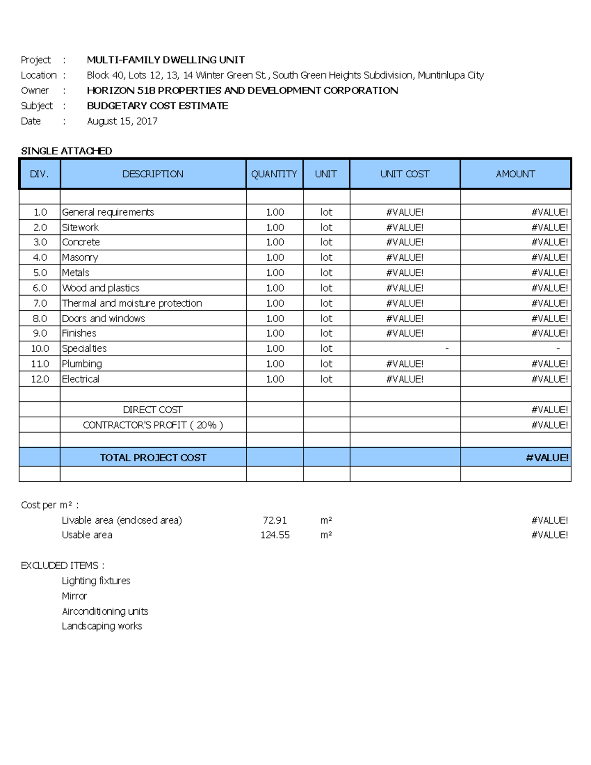 Pdfcoffee - Sample Estimate Works - Project : MULTI-FAMILY DWELLING UNIT Location : Block 40 ...