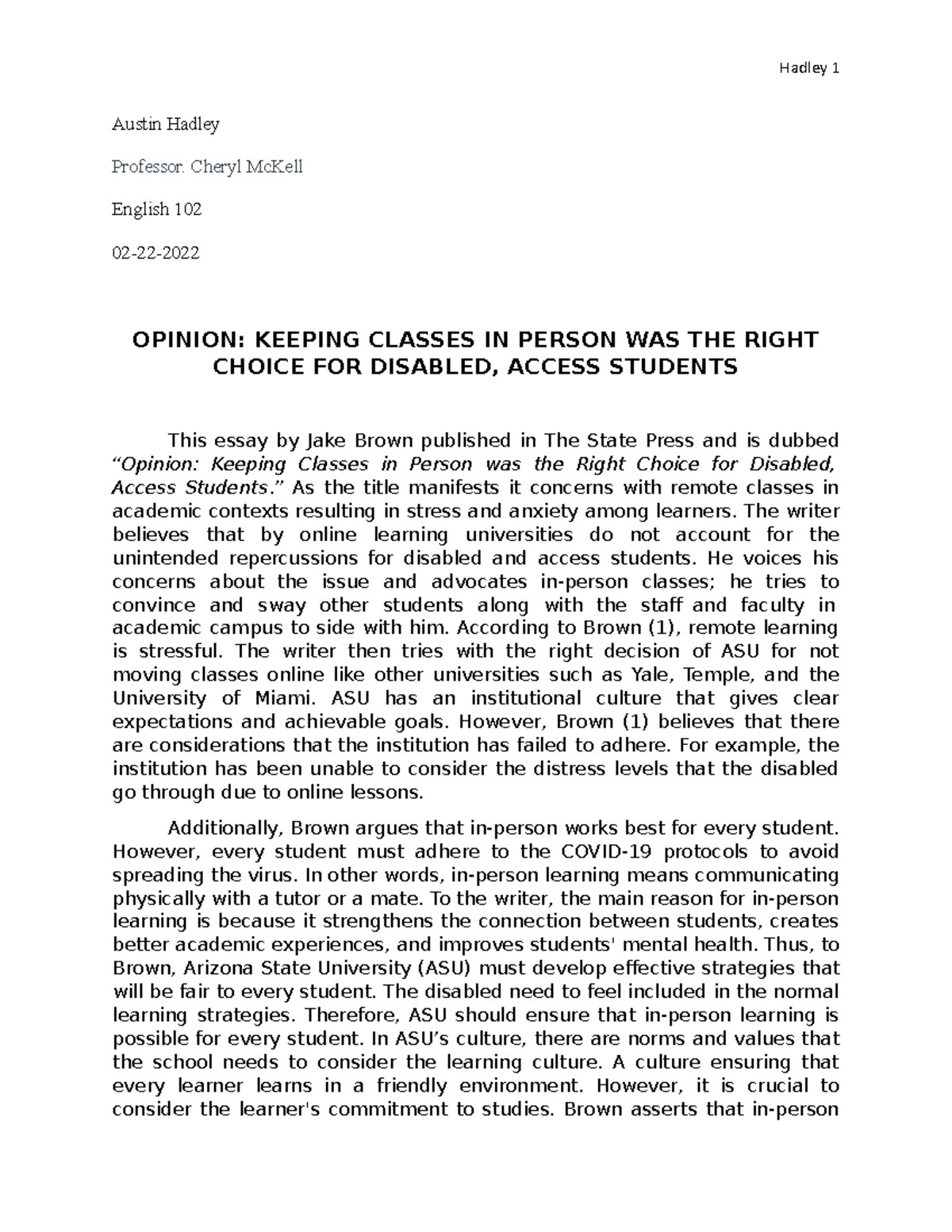 A Rhetorical Analysis - essay - Austin Hadley Professor. Cheryl McKell ...
