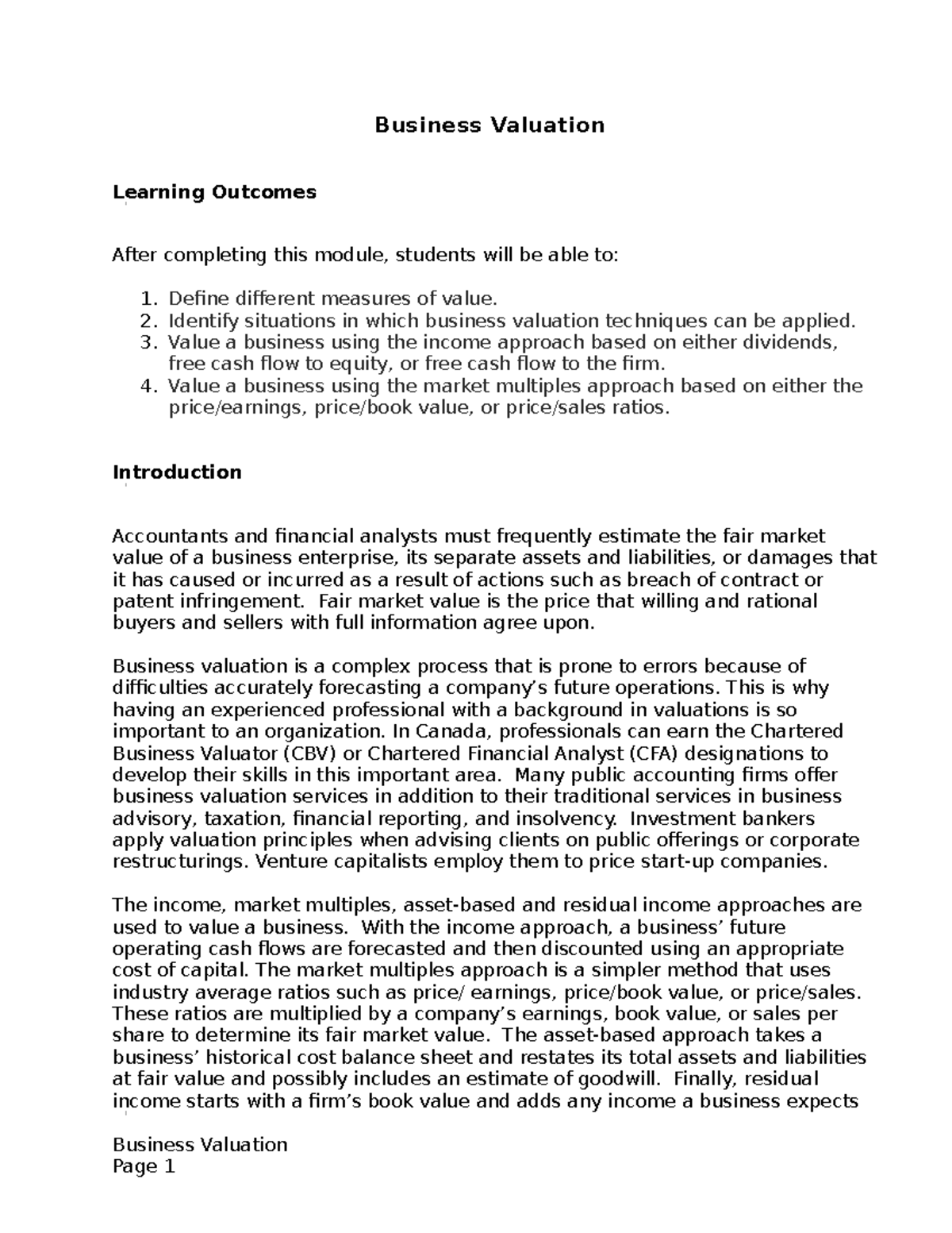 Business Valuation Readings - Advanced Techniques and Performance ...