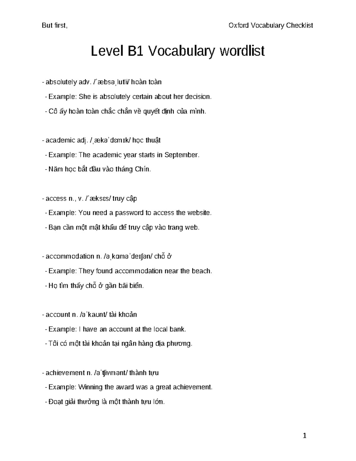 Level B1 Vocabulary Checklist - English! Level B1 Vocabulary wordlist ...