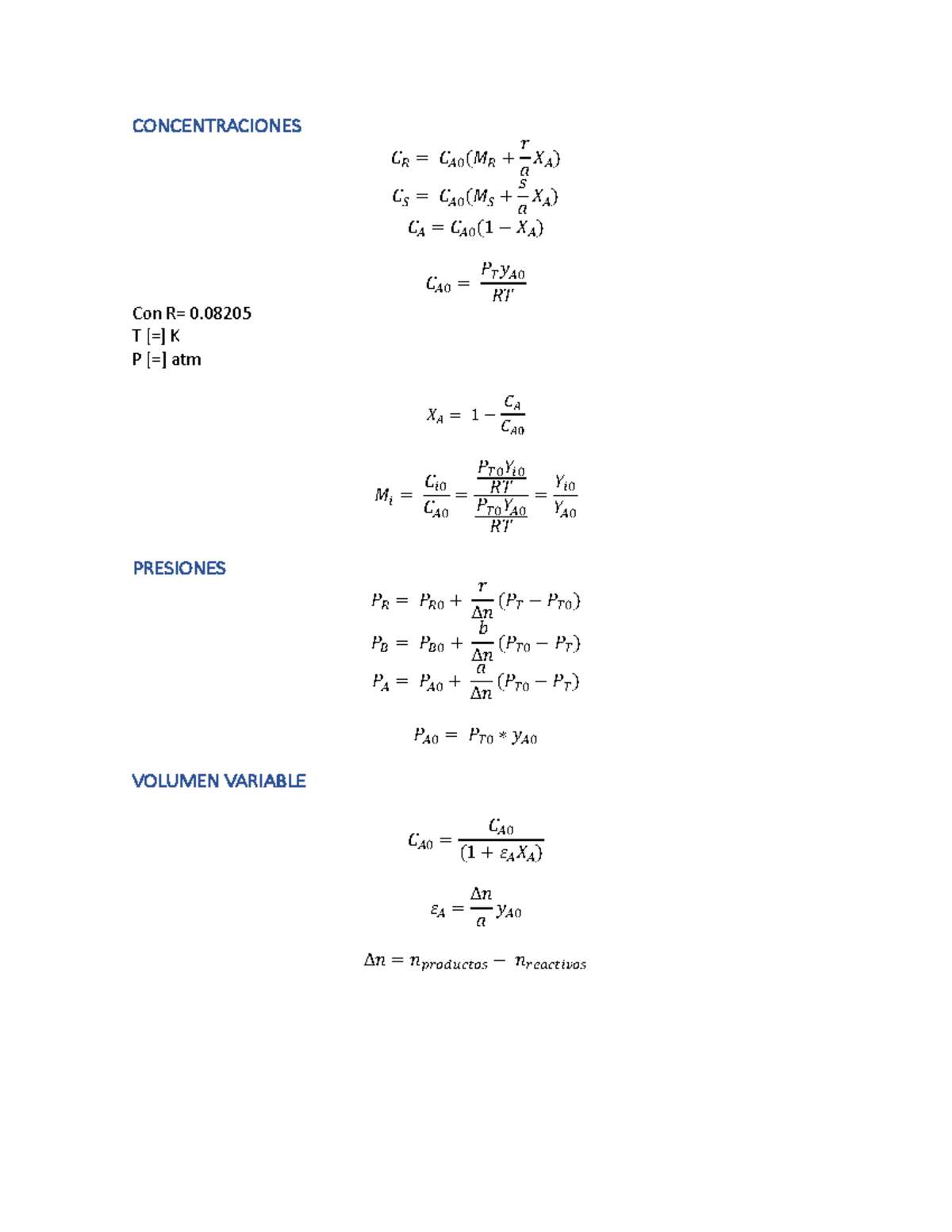 Formulario de Cinética: Concentraciones y Presiones en Reactores - Studocu