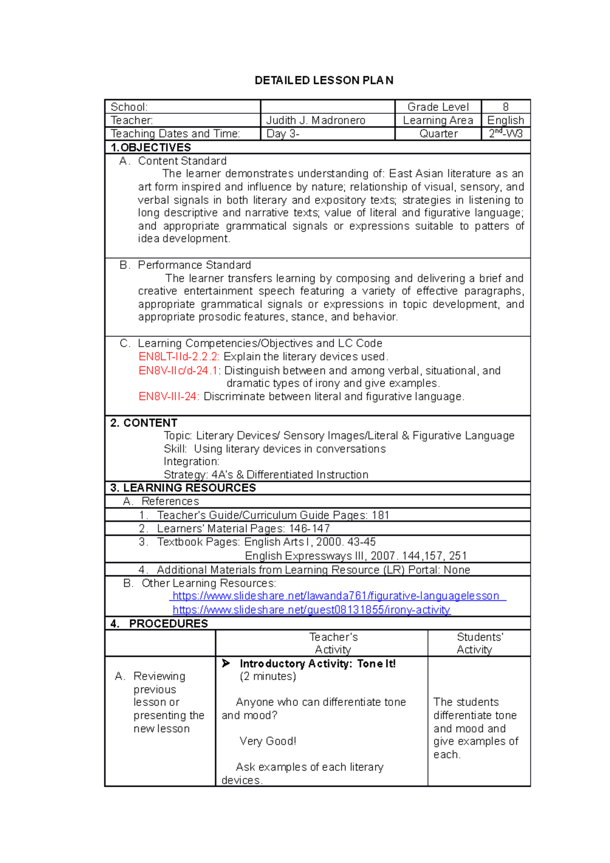 Detailed Lesson Plan on Literary Devices for Grade 8 - English - Studocu