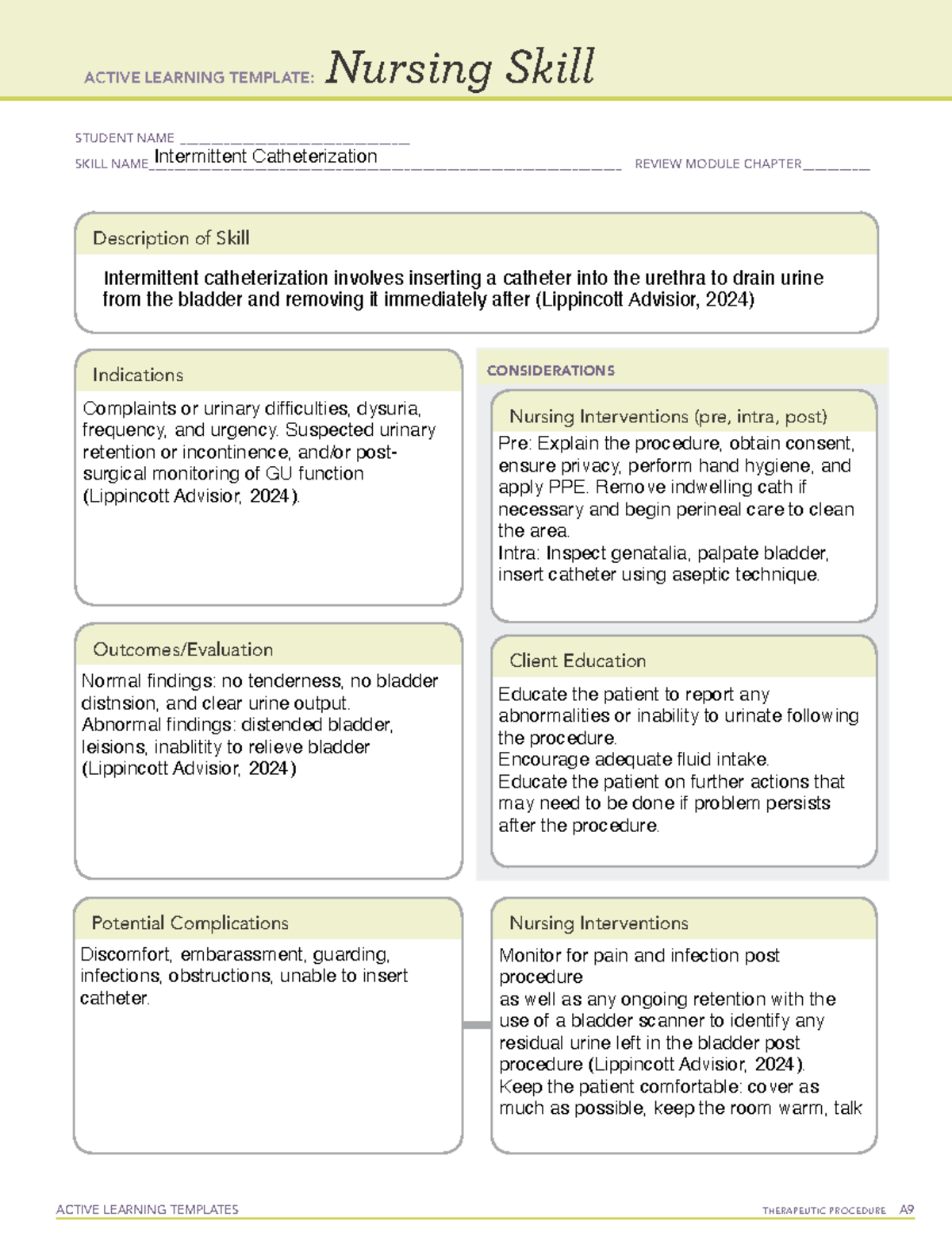 ALT, Nursing Skill, Intermittent Urinary Catheterization Overview - Studocu