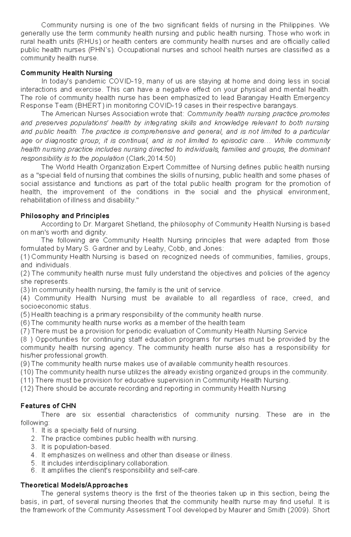 CHN - Community Health Nursing Notes and Principles - Studocu