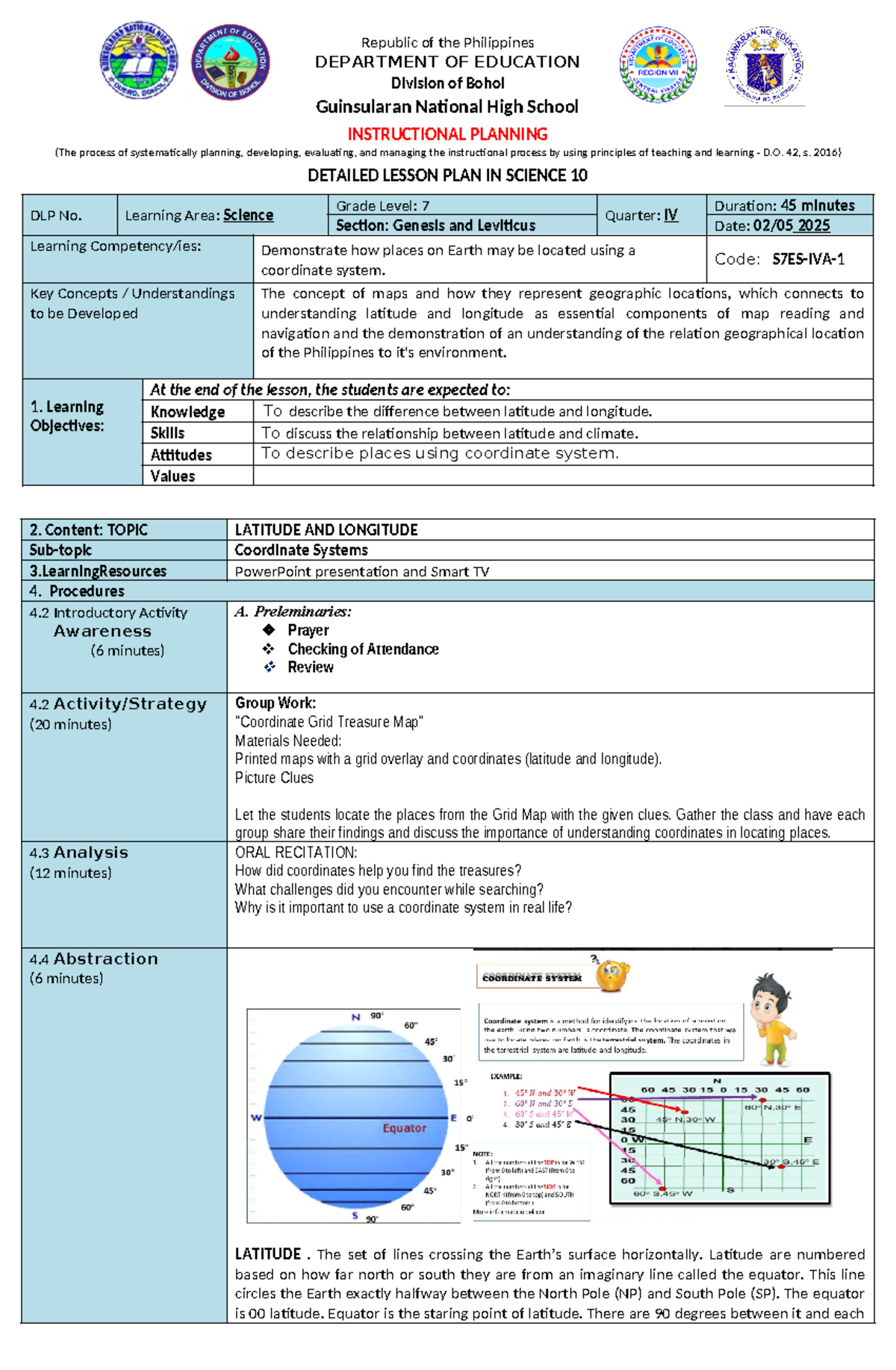Detailed Lesson Plan in Science 7: Latitude and Longitude (S7ES-IVA ...