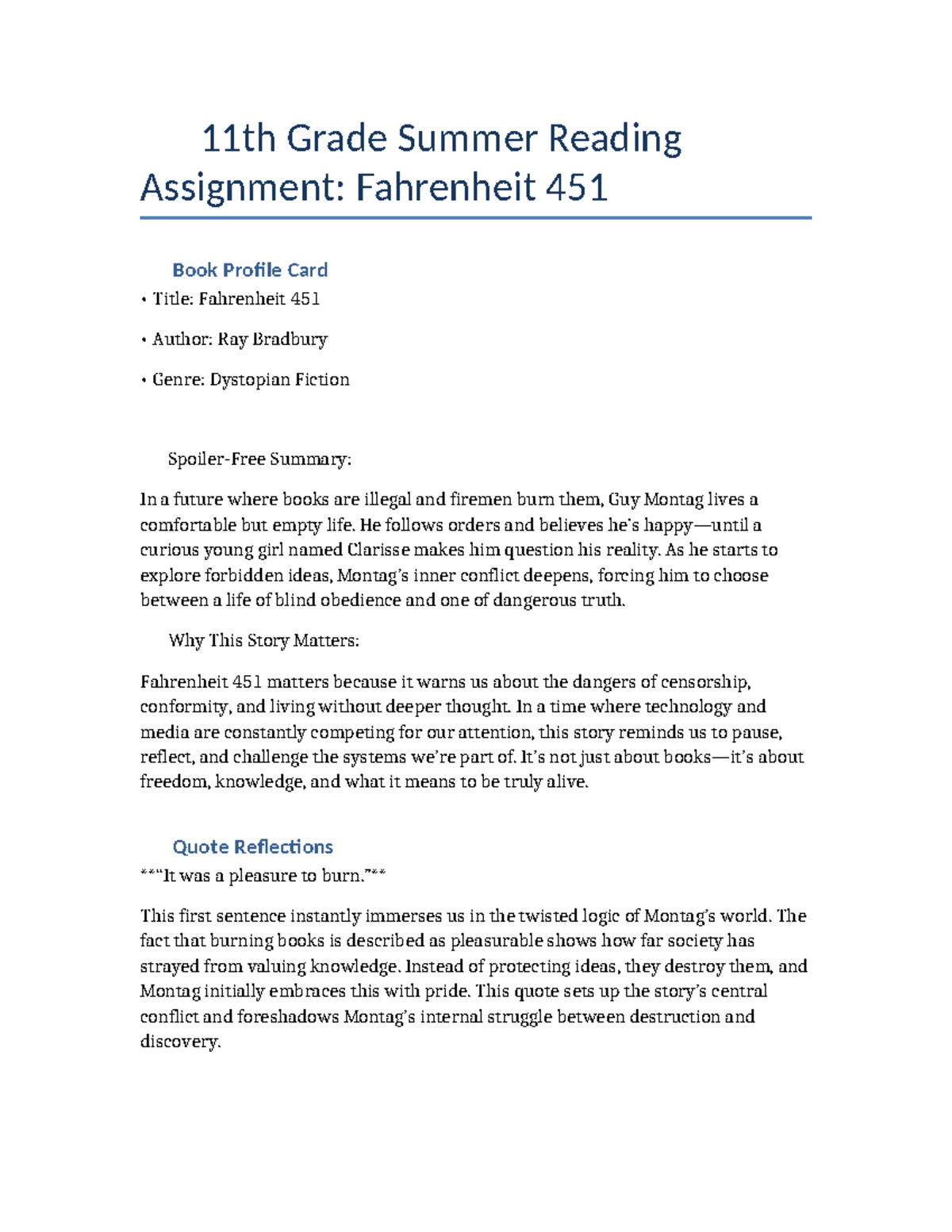 Fahrenheit 451 (11th Grade) Summer Reading Assignment Overview - Studocu