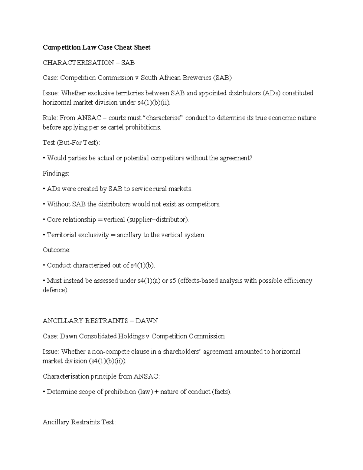 Competition Law Case Cheat Sheet: SAB & Dawn Cases Analysis - Studocu