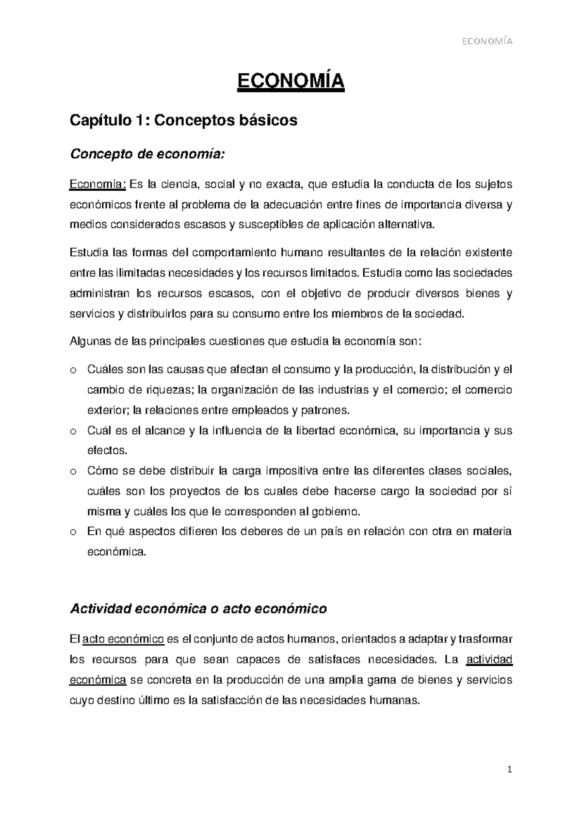 Resumen Economía - .... - ECONOMÍA Capítulo 1: Conceptos básicos ...