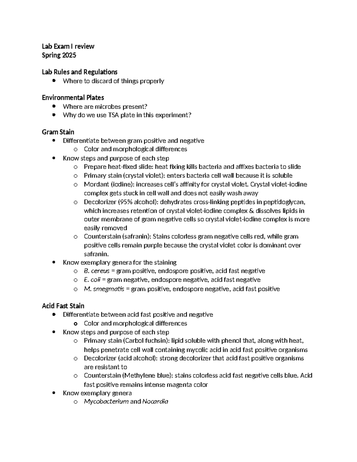 Lab Exam I Study Guide S25: Microbiology Techniques and Concepts - Studocu