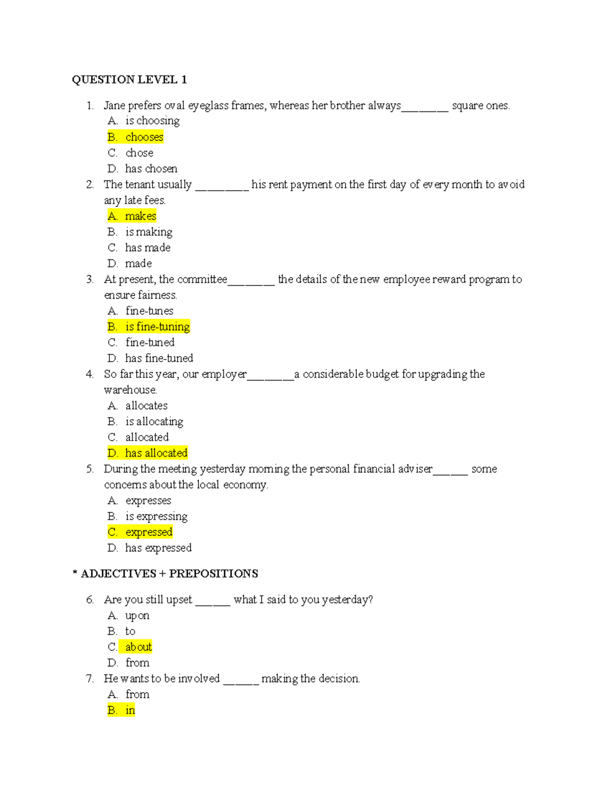 Question Level 1 - JALKJSFNAL: Grammar and Vocabulary Exercises - Studocu