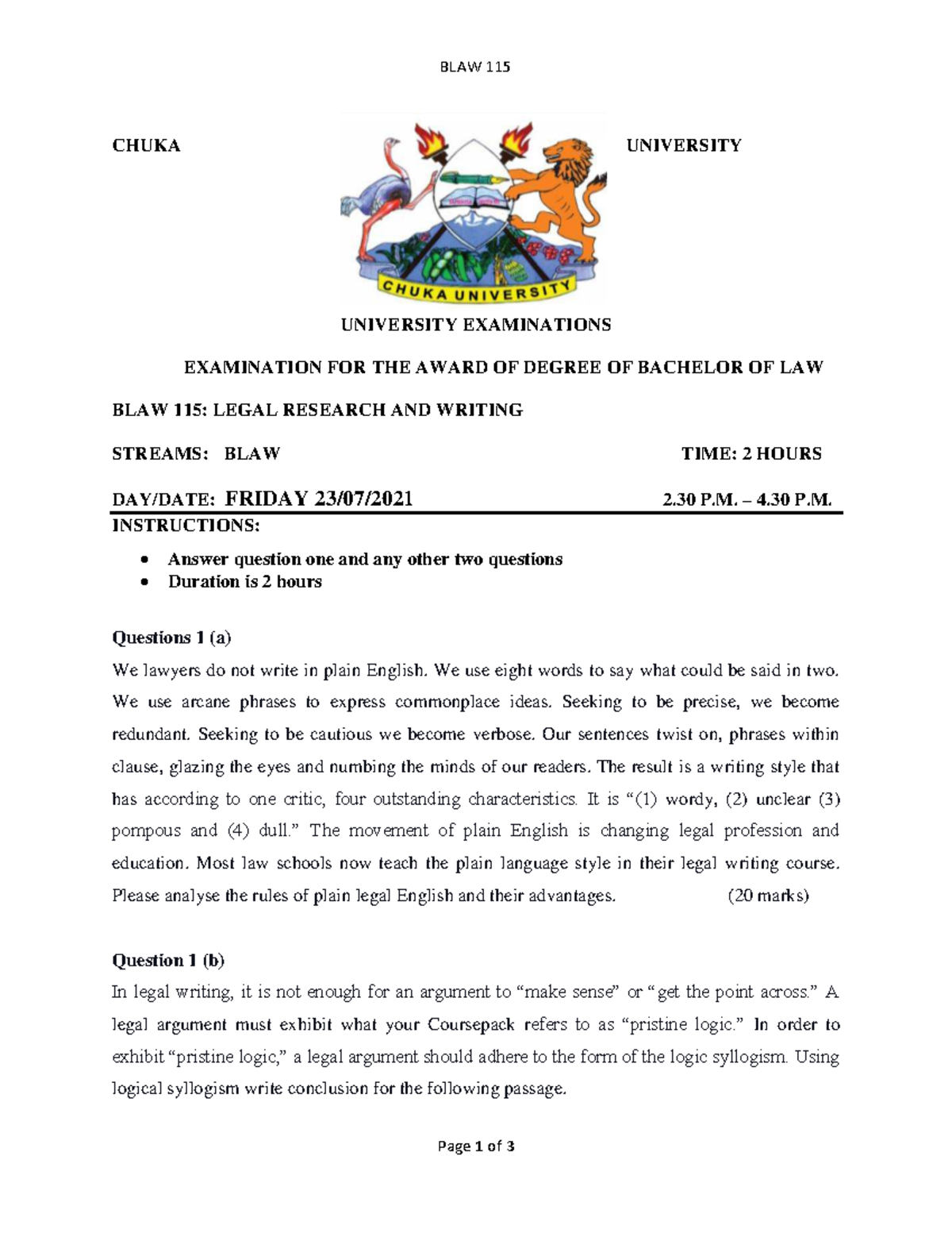 BLAW 115: Legal Research and Writing Exam Analysis and Guidelines - Studocu