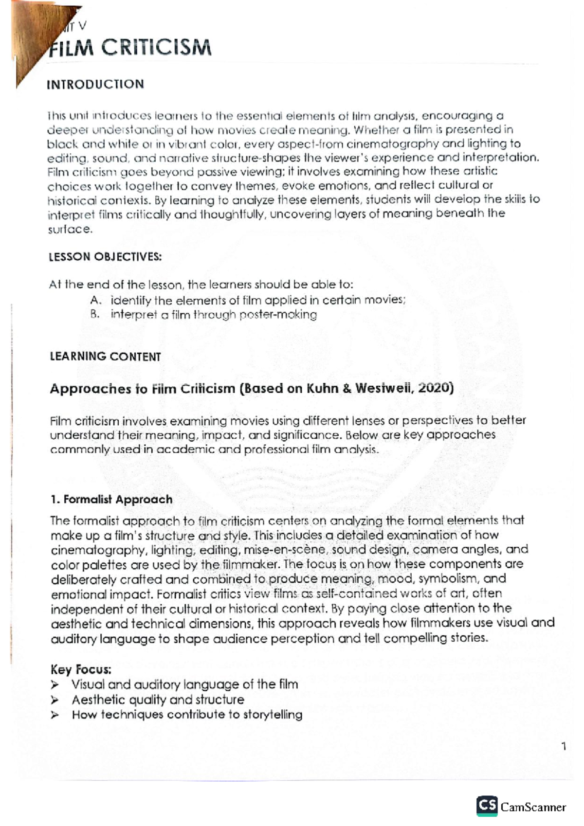 V FILM CRITICISM: INTRODUCTION TO ANALYSIS & APPROACHES (CS 101) - Studocu