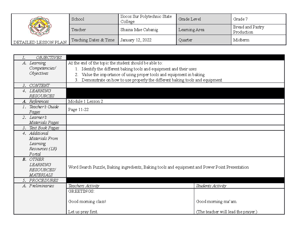LP TLE Lesson Plan: Baking Tools & Equipment for Grade 7 - Studocu