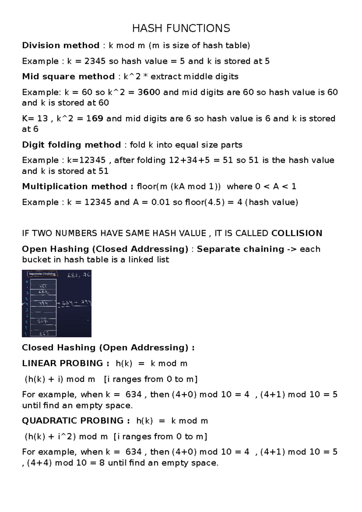 DSA Hashing Notes - HASH FUNCTIONS Division method : k mod m (m is size ...