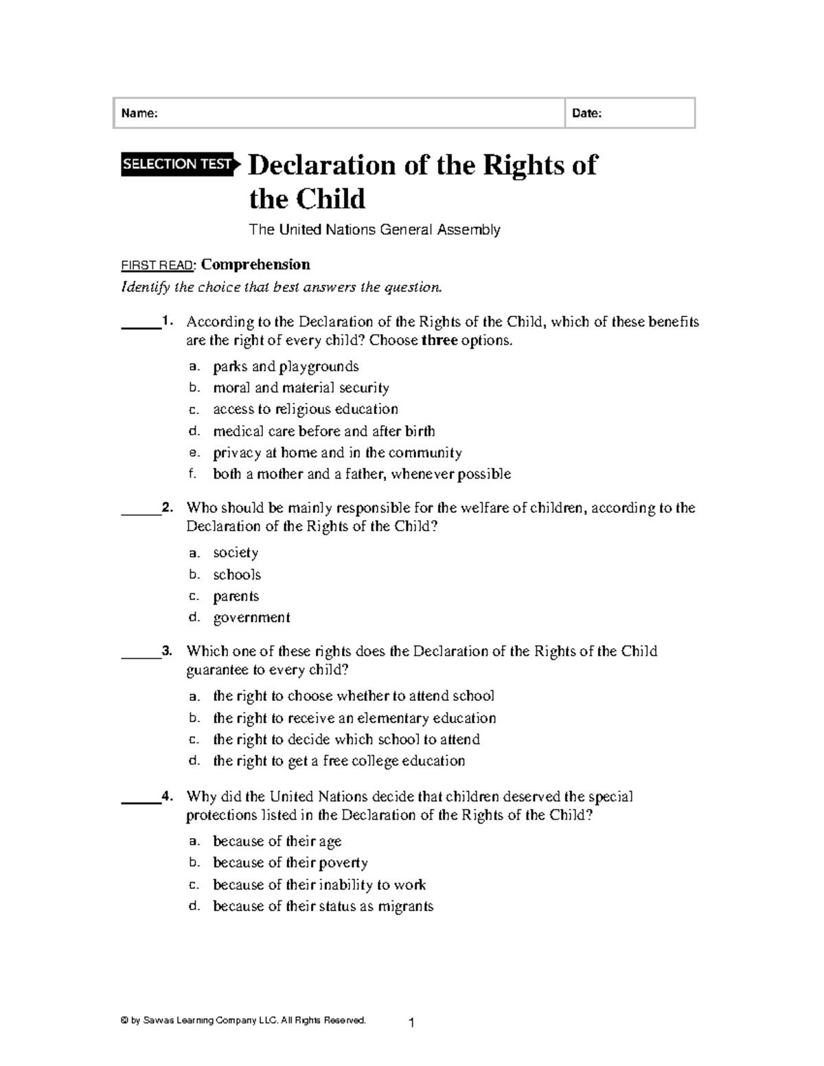 Grade 6 Unit 1 Selection Test: Declaration of the Rights of the Child ...