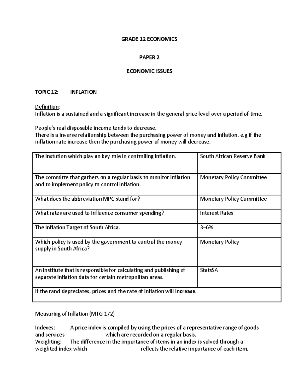 Inflation Overview and Key Concepts - GRADE 12 ECONOMICS (PAPER 2 ...