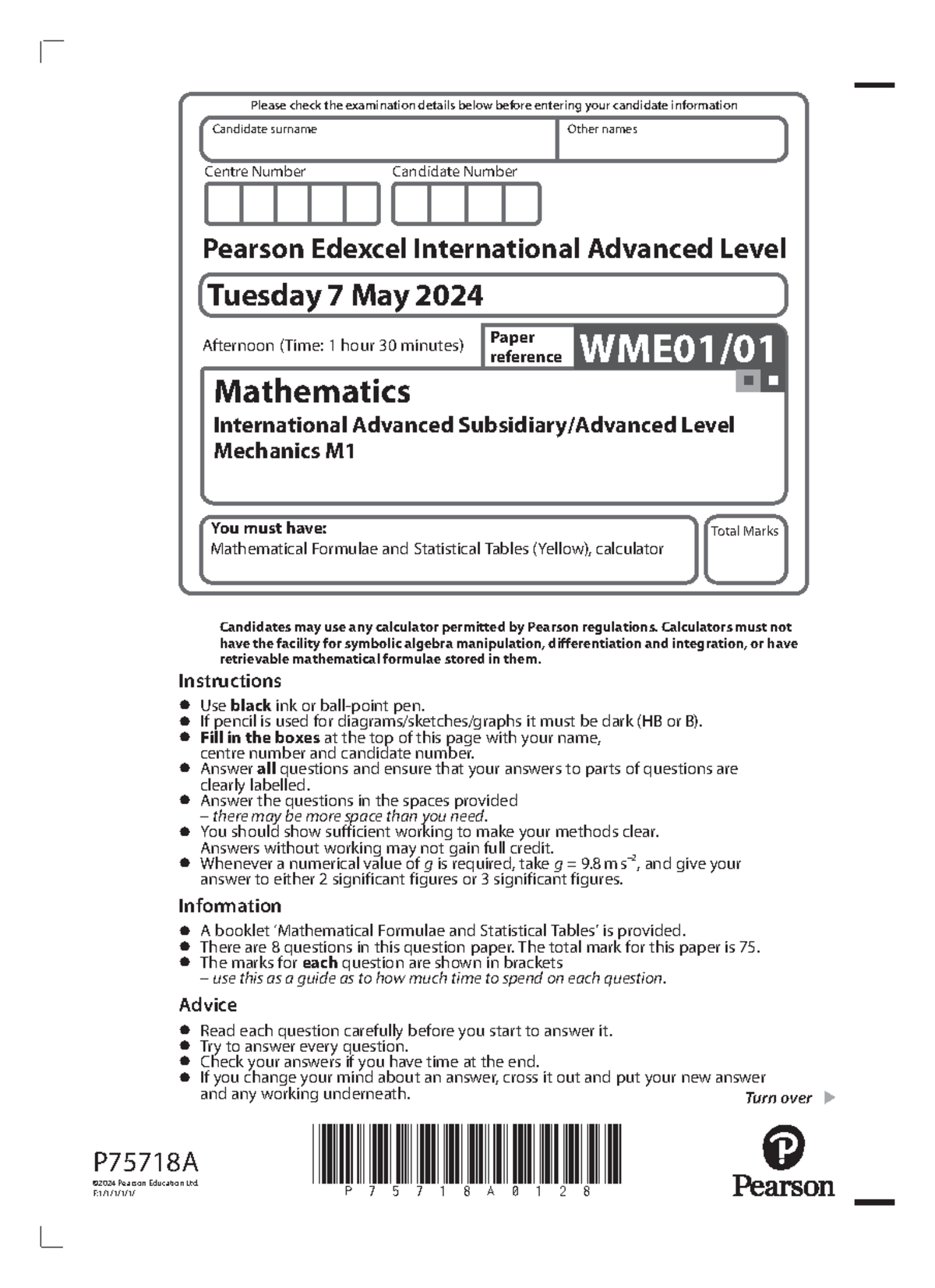 June 2024 (IAL) QP - M1 Mechanics Edexcel Exam Paper Summary - Studocu