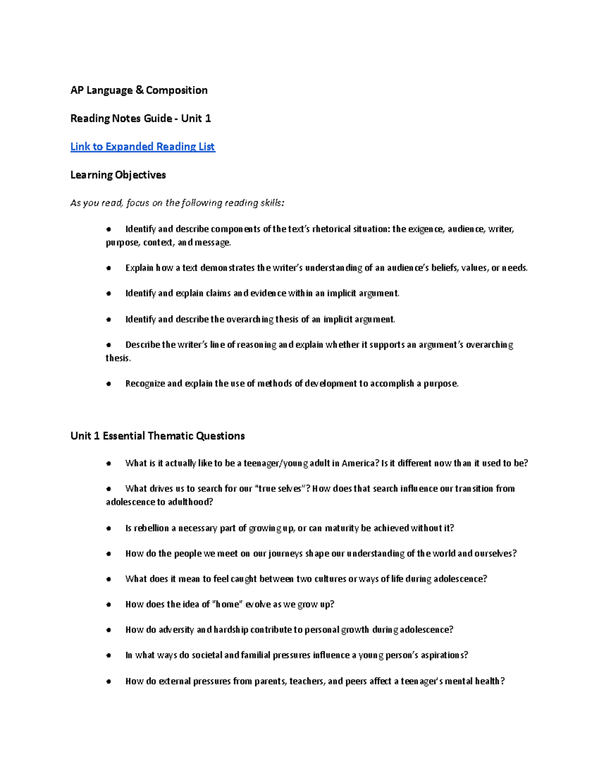 AP Lang Comp Reading Notes Guide: Unit 1 Insights and Reflections - Studocu