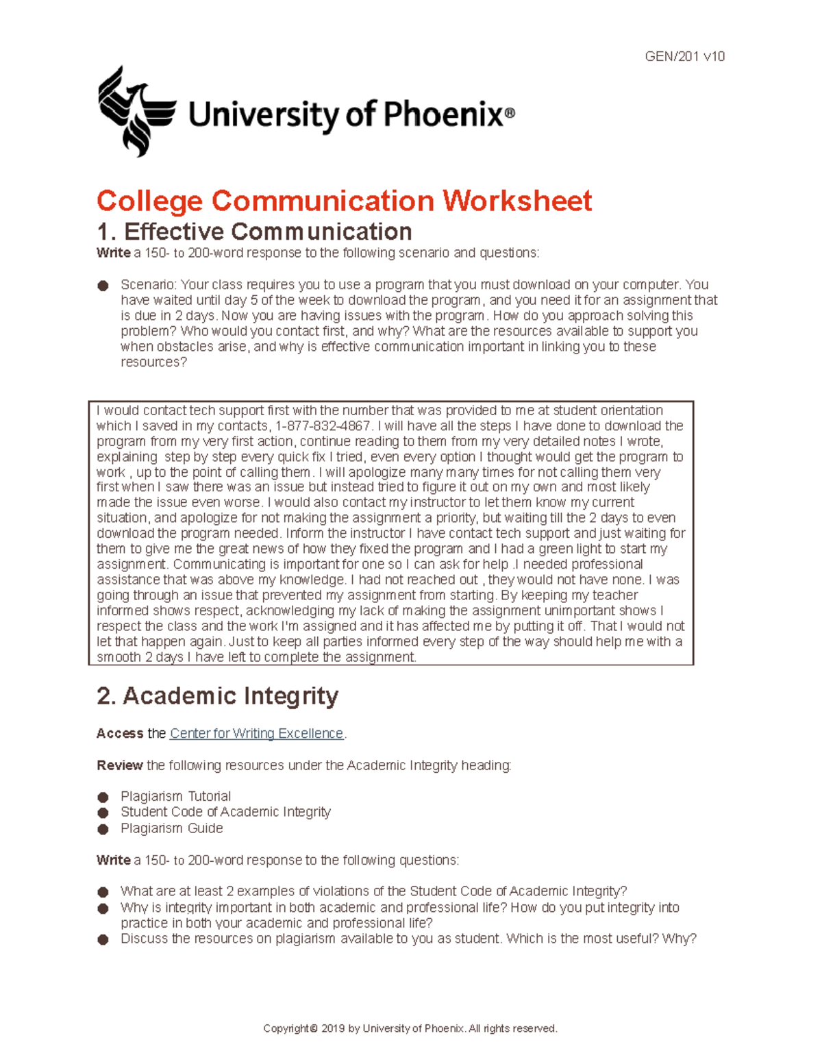 Gen 201 week 3 worksheet - GEN/201 v College Communication Worksheet 1 ...