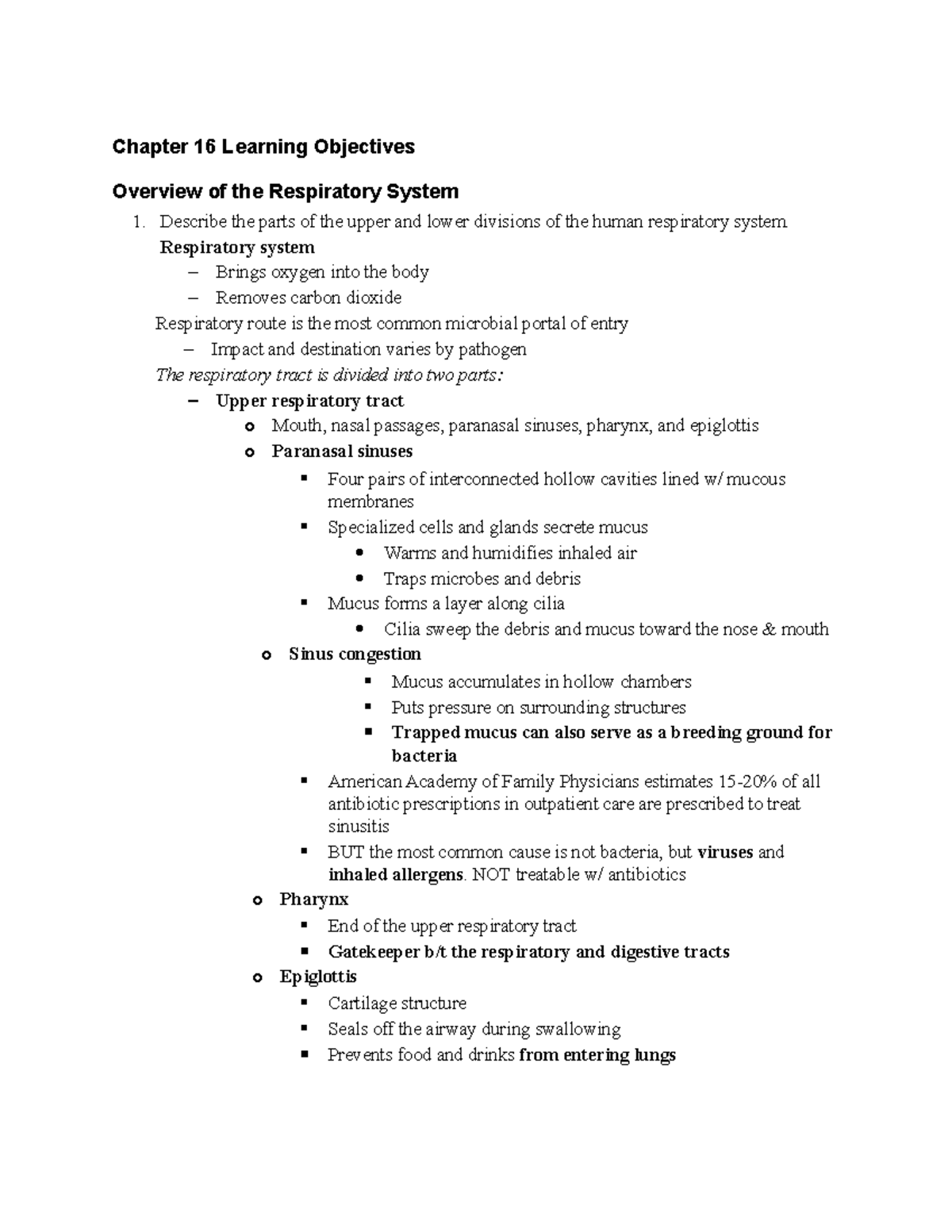 Chapter 16: Respiratory System Learning Objectives and Key Concepts ...