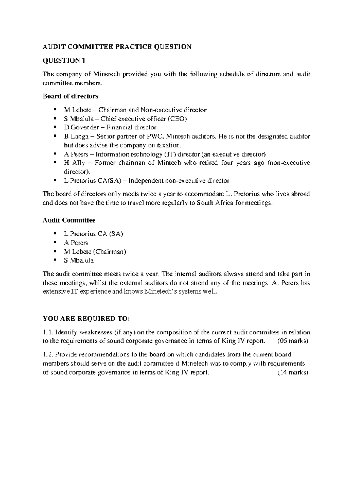 AC practice question - AUDIT COMMITTEE PRACTICE QUESTION QUESTION 1 The ...