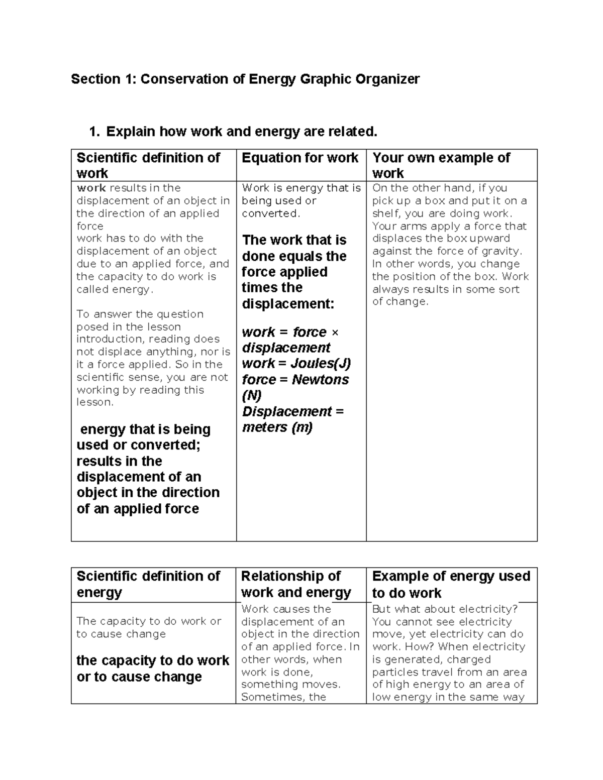 Conservation of Energy - Explain how work and energy are related ...