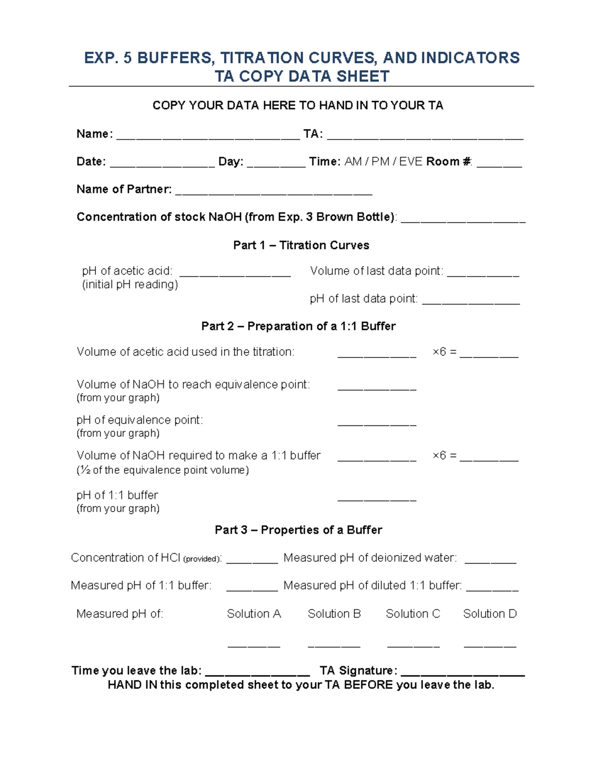 Lab 5 TA sheet - EXP. 5 BUFFERS, TITRATION CURVES, AND INDICATORS TA ...