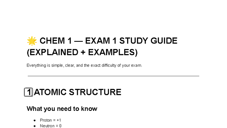 CHEM 1 EXAM 1 STUDY GUIDE: KEY CONCEPTS & EXAMPLES - Studocu