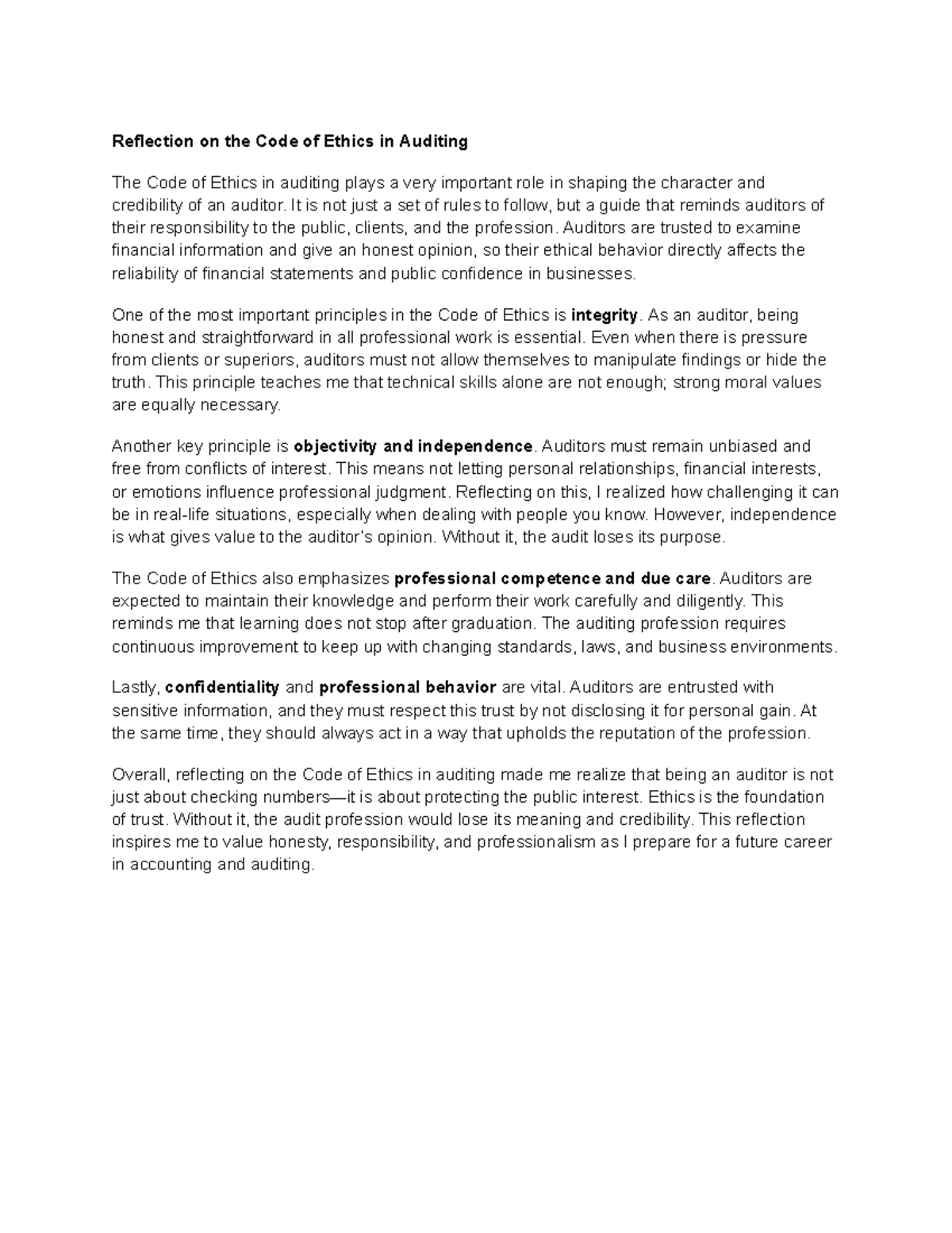 Reflection on the Code of Ethics in Auditing: A Personal Insight - Studocu