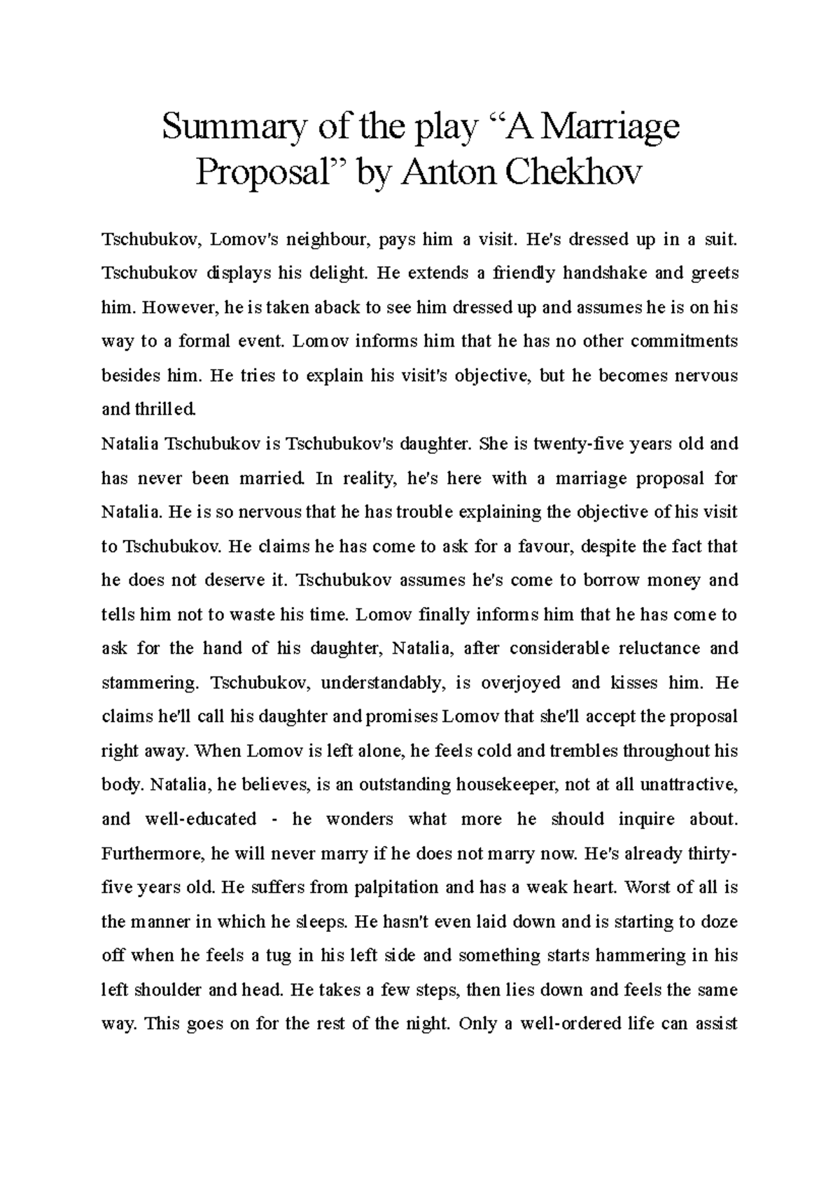 Summary of the play “A Marriage Proposal” by Anton Chekhov - Summary of ...