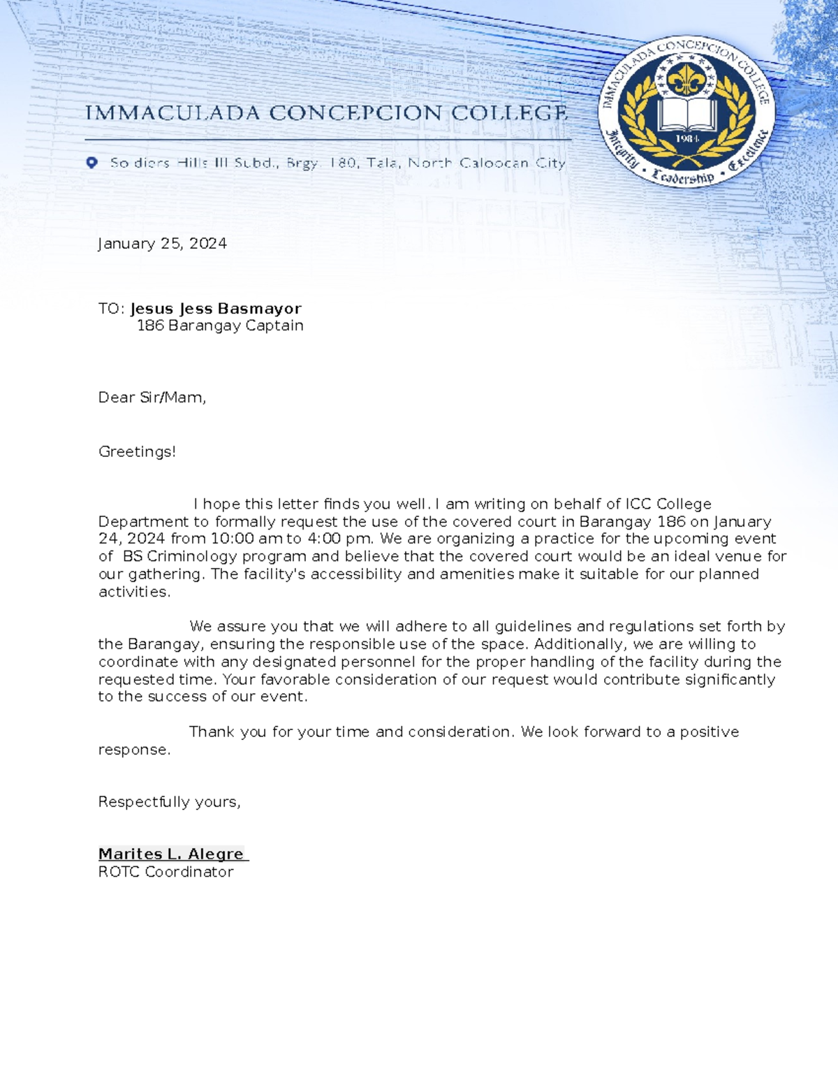 REQ. Letter for Venue Use - BS Criminology Event (Jan 24, 2024) - Studocu