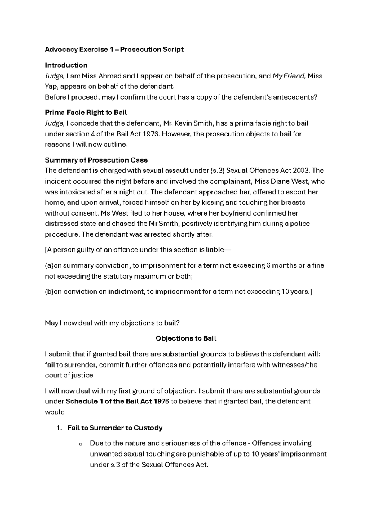 Advocacy Exercise Prosecution Scripts: Bail Objections Overview - Studocu