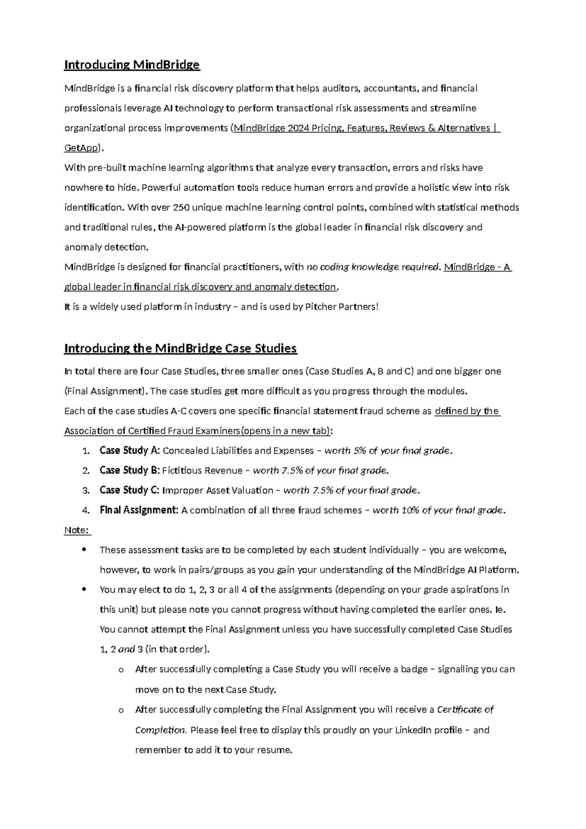 MindBridge Case Studies & Final Assignment Overview - ACC30010 - Studocu