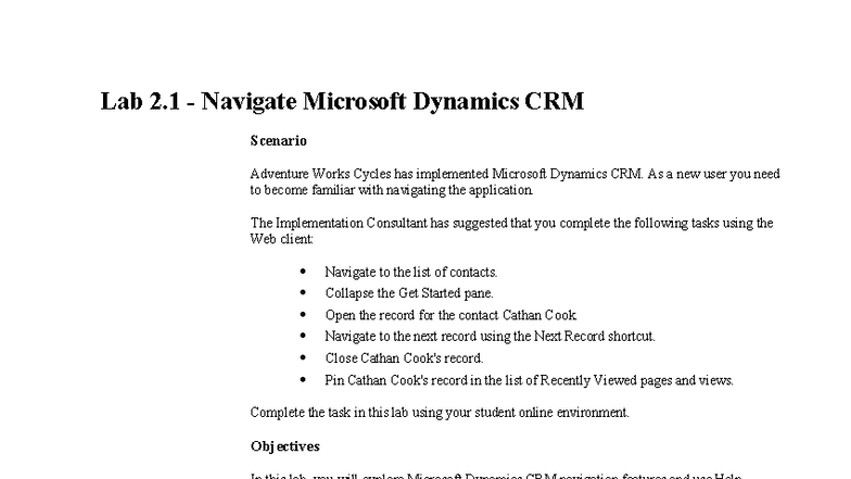 CRM Applications Lab 2.1: Navigating Microsoft Dynamics CRM - Studocu