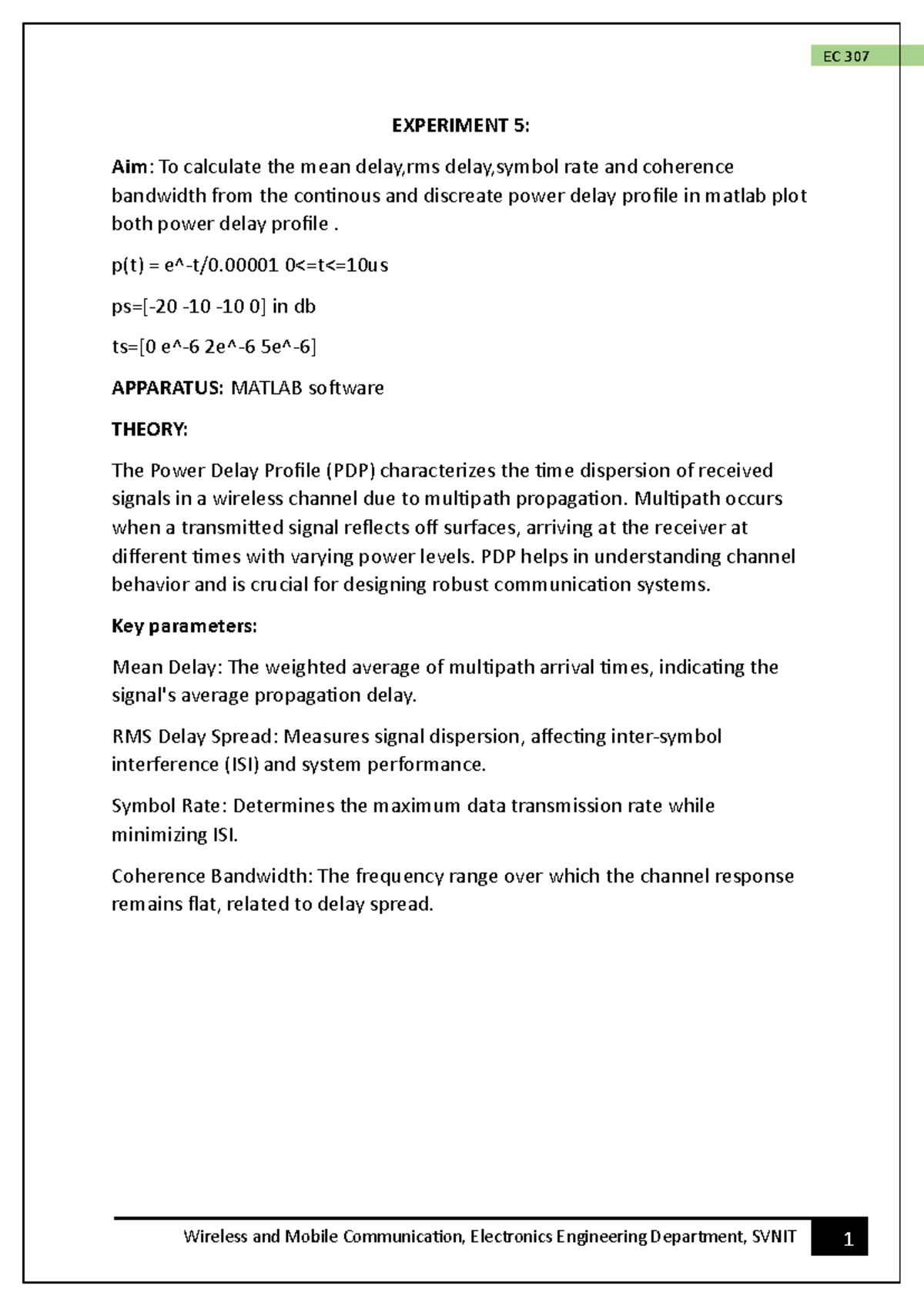 EC 307 Final Exam: Power Delay Profile Analysis in MATLAB - Studocu