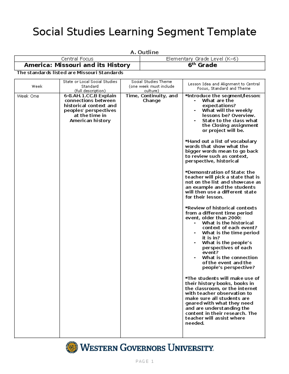 Social Studies Learning Segment Template - Outline Central Focus ...