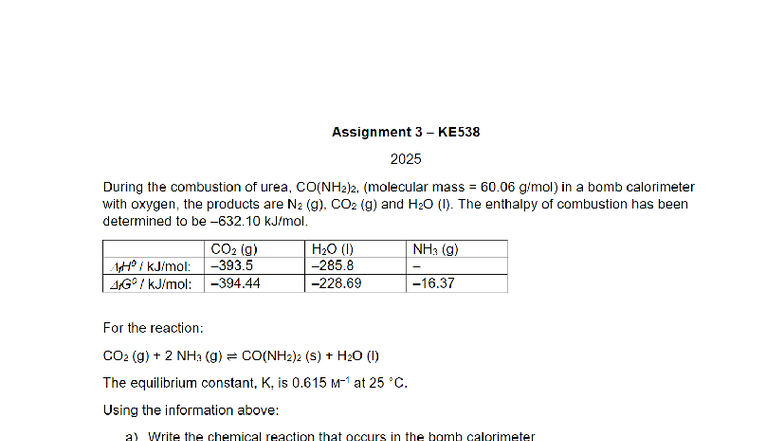 KE538 Assignment 3: Thermodynamics of Urea Formation - Studocu
