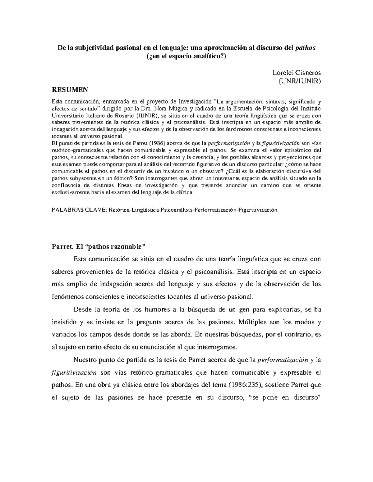 Cisneros - Análisis del Pathos en el Discurso Lingüístico - Studocu