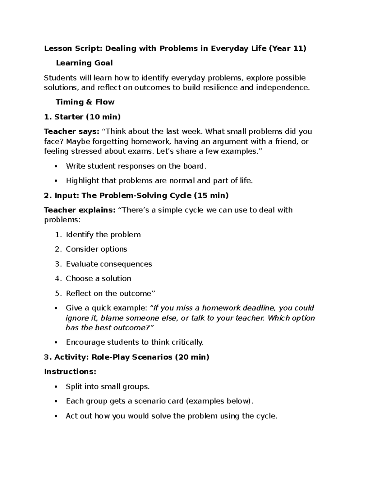 Lesson Script: Problem Solving in Everyday Life (Year 11) - Studocu