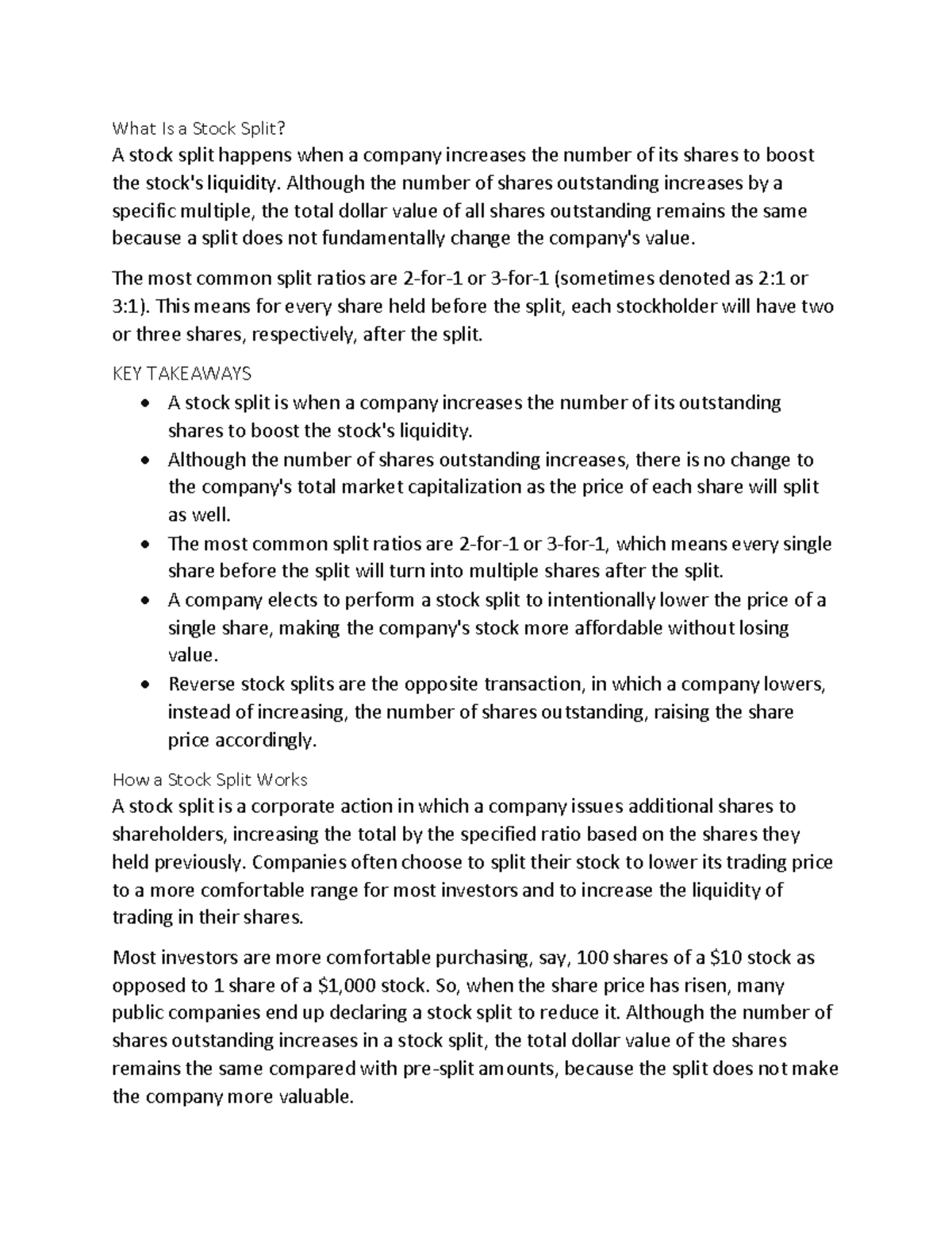 Stock Splits: Key Concepts and Implications - Lecture Notes - Studocu