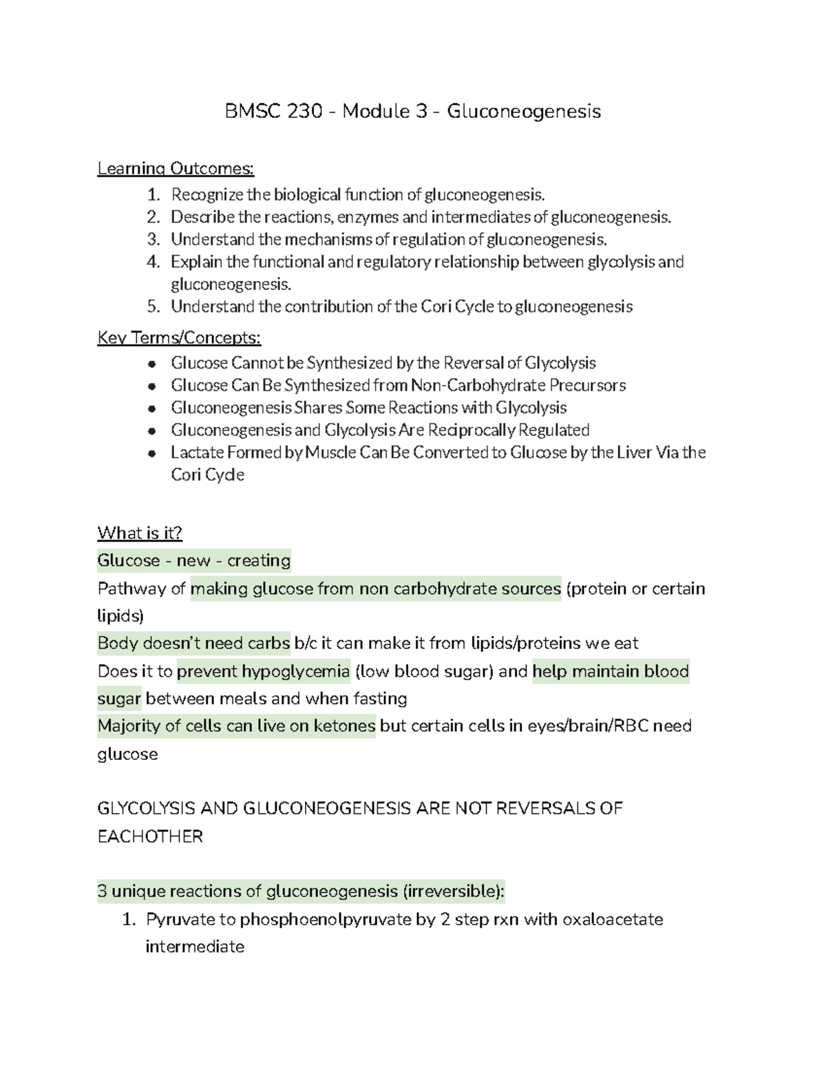 BMSC 230 Module 3: Gluconeogenesis Overview and Learning Outcomes - Studocu