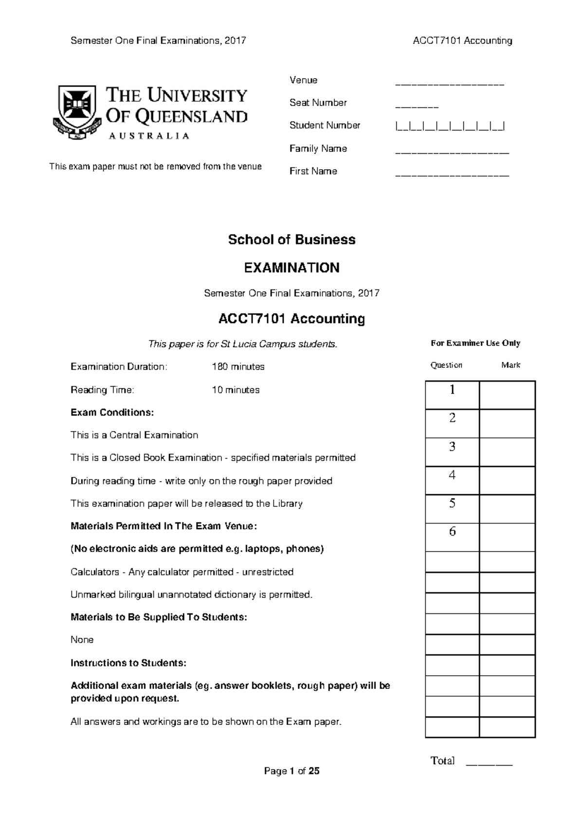 Semester One Final Examinations 2017 ACCT7101 - This exam paper must ...