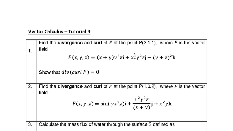 Vector Calculus Tutorial 4: Divergence and Curl Analysis - Studocu